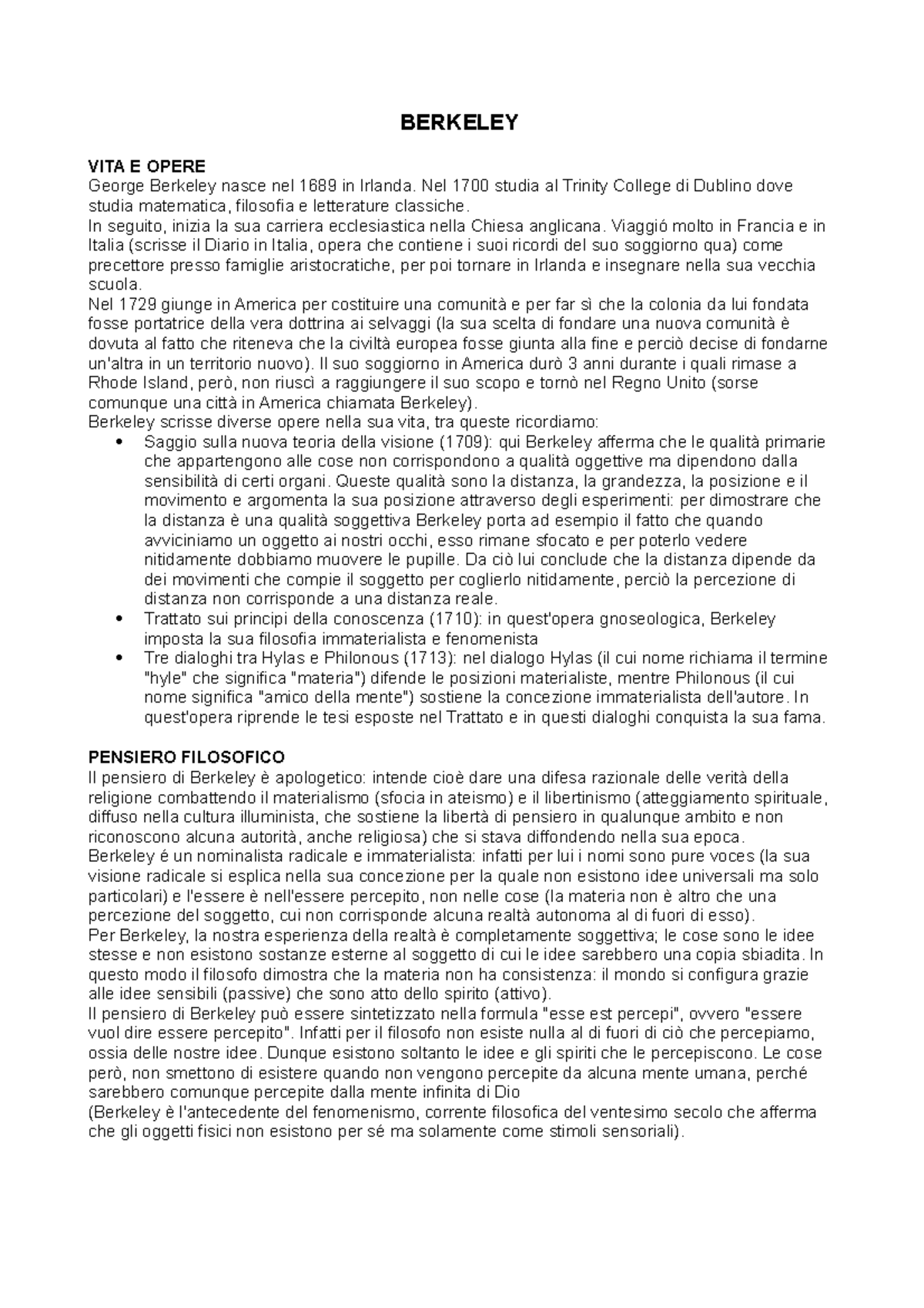 Hume e Berkley - BERKELEY VITA E OPERE George Berkeley nasce nel 1689 ...