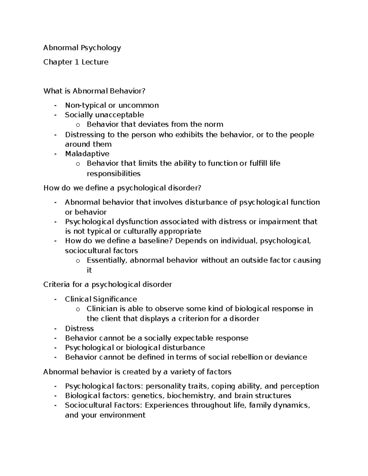 Abnormal Psych Ch 1 Lecture Notes - Abnormal Psychology Chapter 1 ...