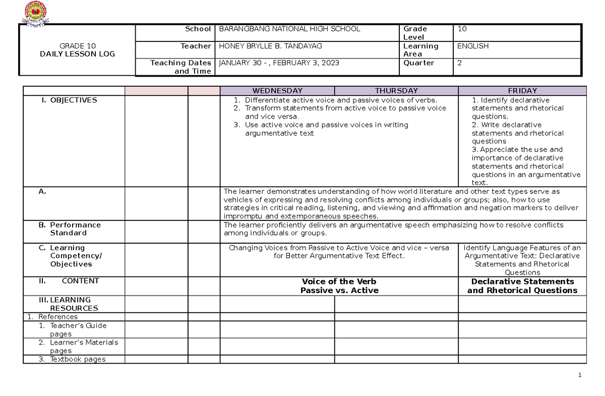 January 30 - Feb 3 - lesson plan - GRADE 10 DAILY LESSON LOG School ...