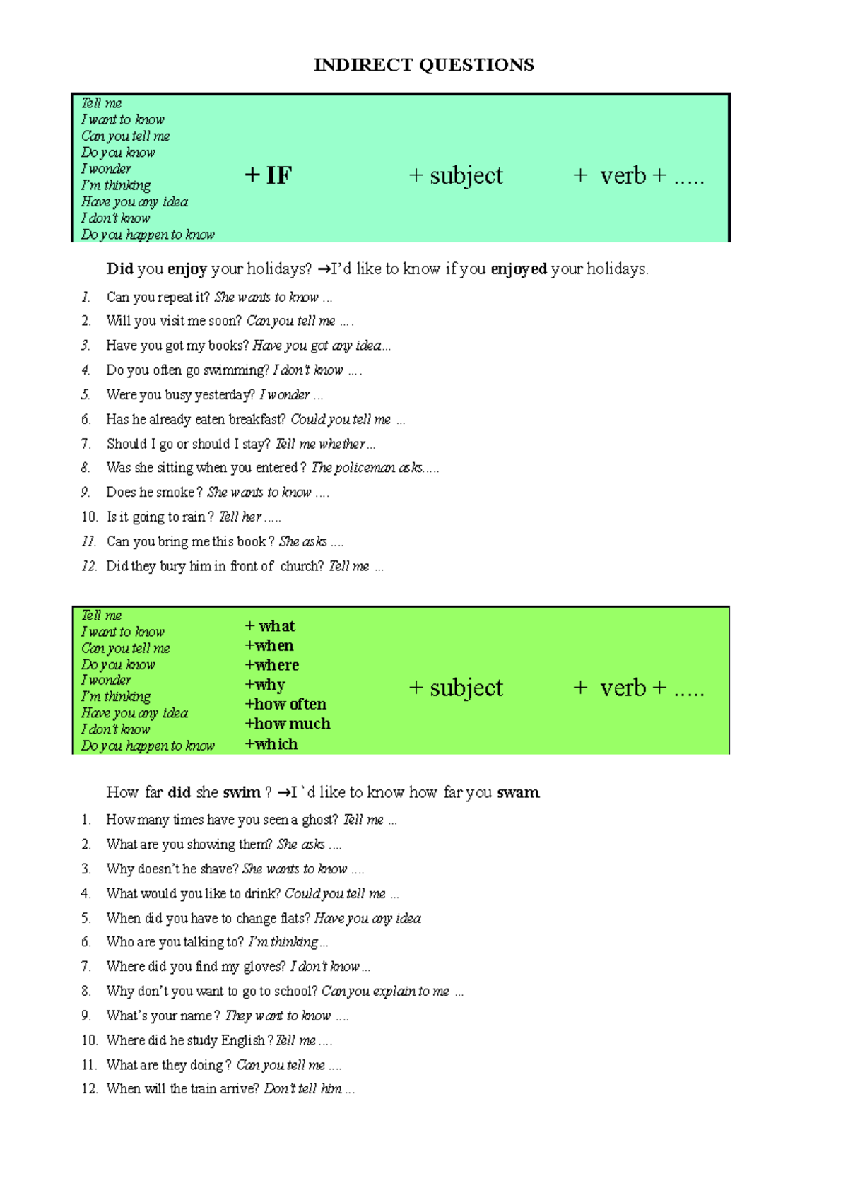 Indirect-questions-2022 - INDIRECT QUESTIONS Tell me I want to know Can you tell me Do you know ...