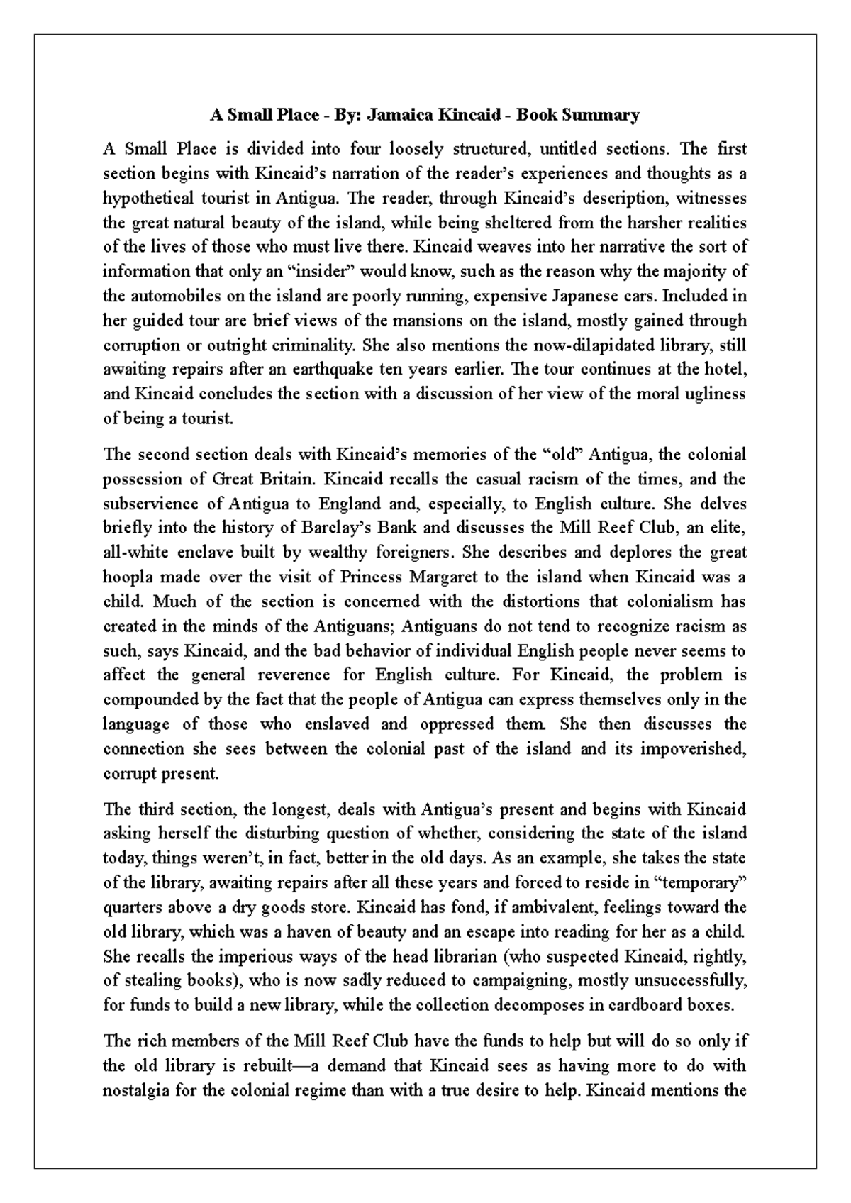 A Small Place Summary - A Small Place - By: Jamaica Kincaid - Book ...