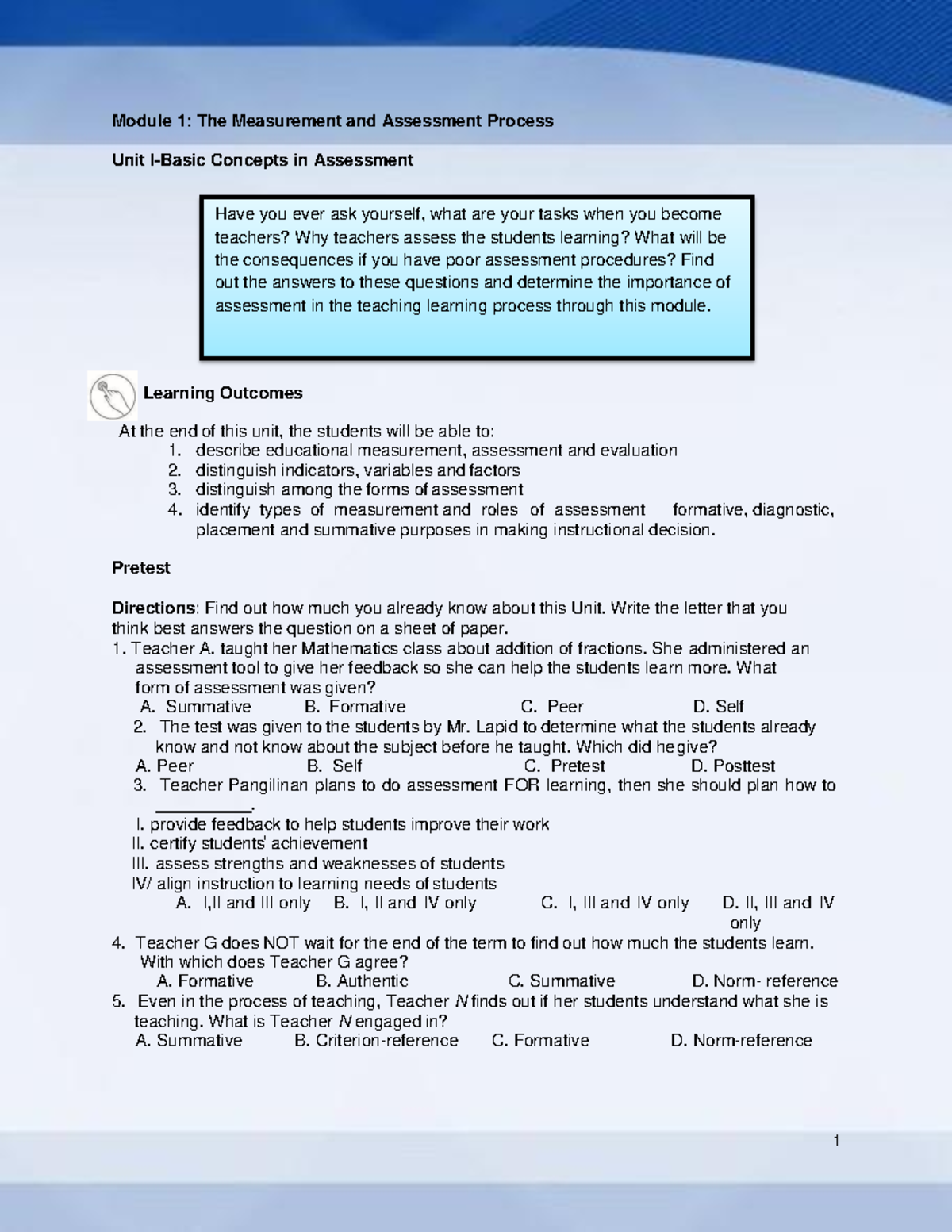 Module 1 Unit 1 Ped 17 Module 1 The Measurement And Assessment Process Unit I Basic