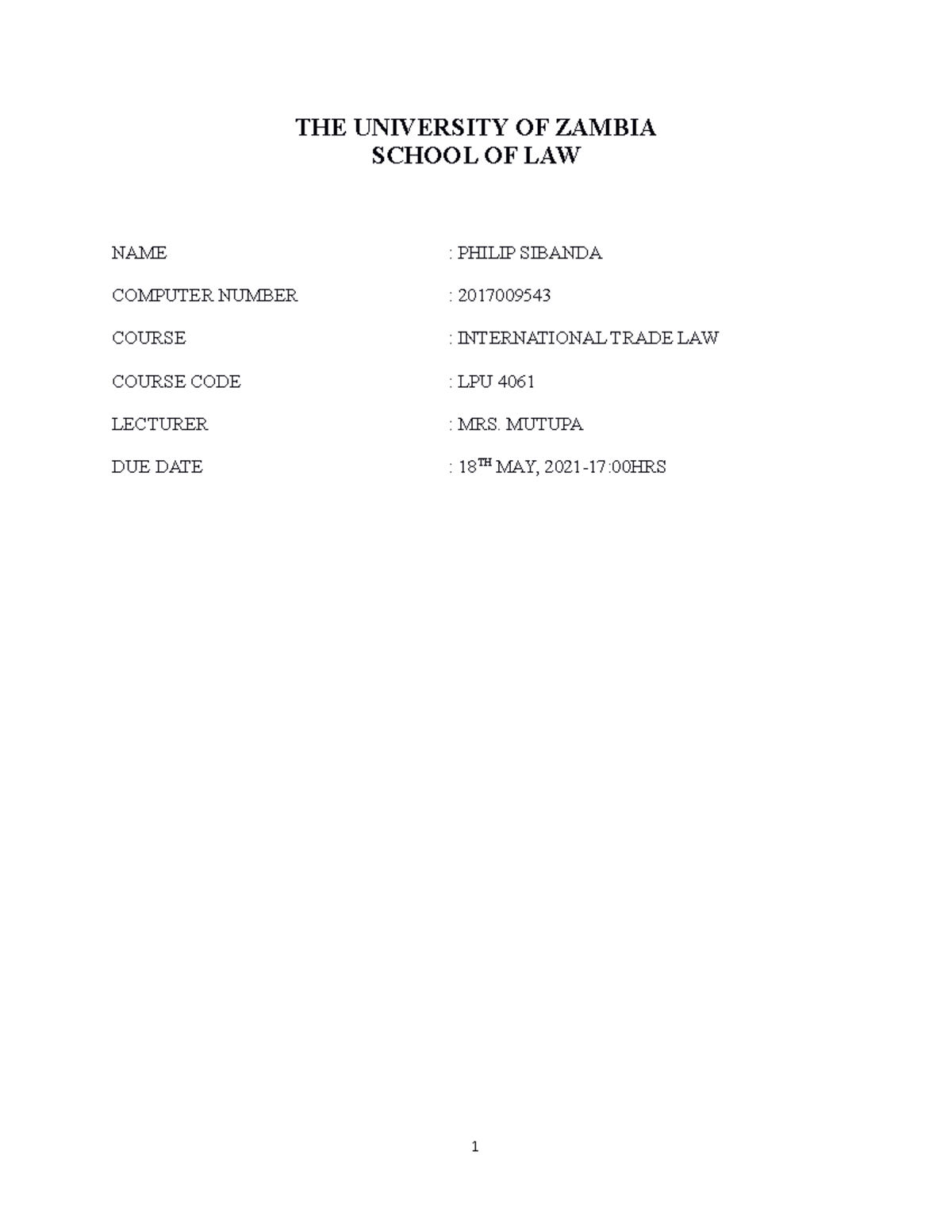 international trade assignment - THE UNIVERSITY OF ZAMBIA SCHOOL OF LAW ...