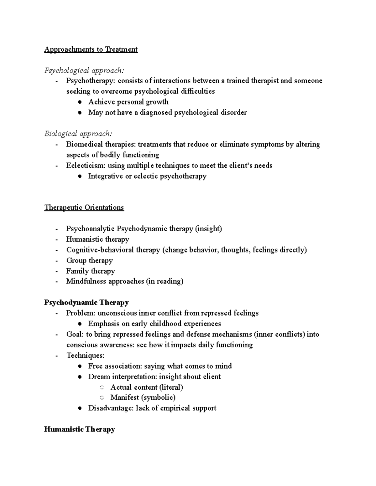 Types of Therapies Notes - Approachments to Treatment Psychological ...