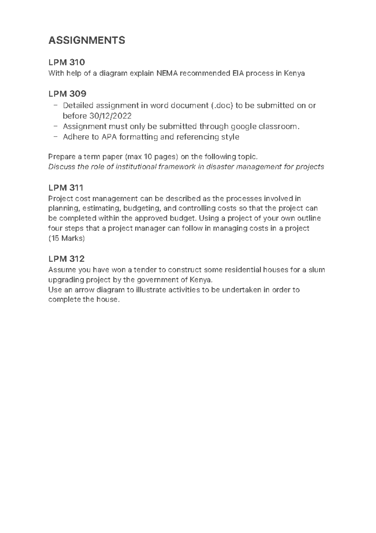 Assignments 3 Project Management Assignments Lpm 310 With