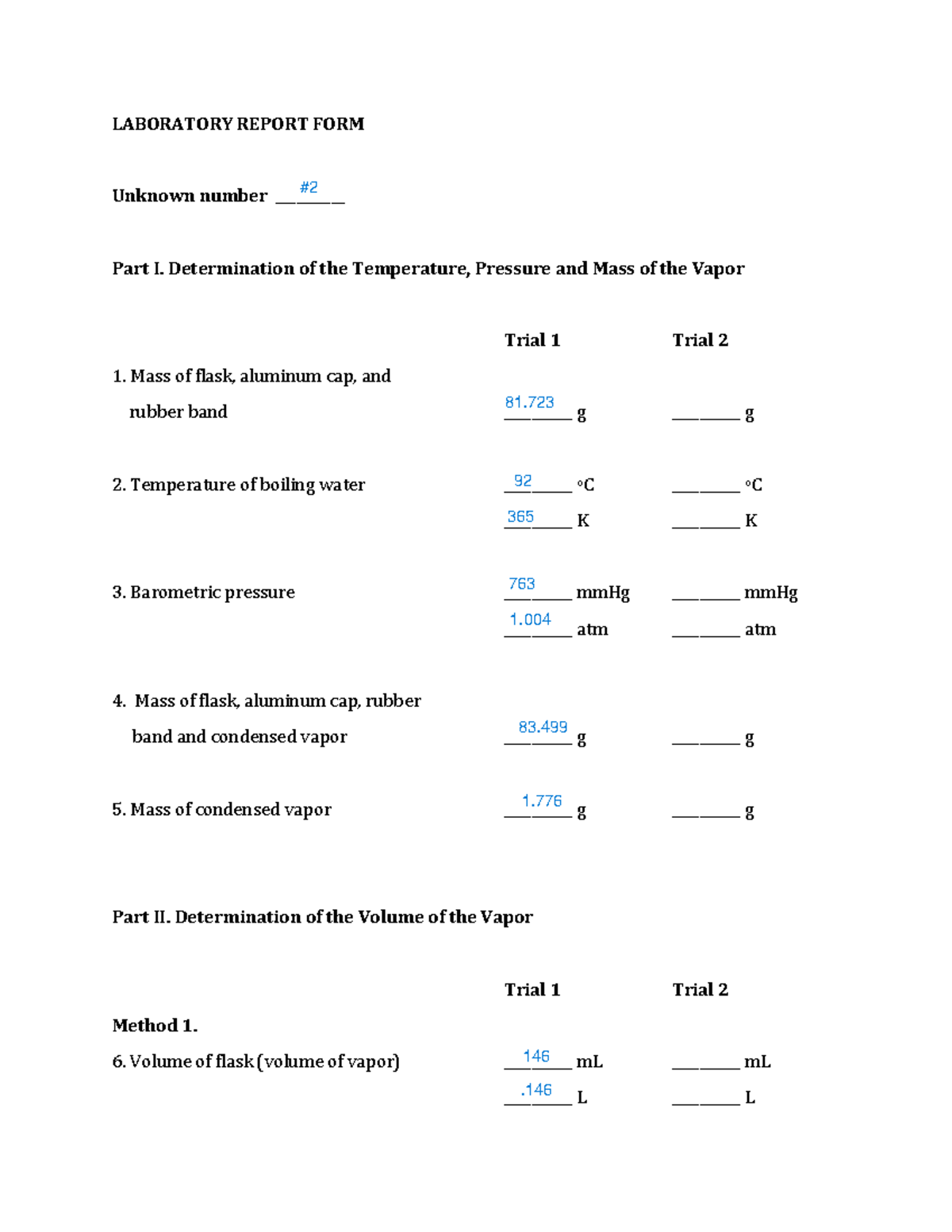 Laboratory Report Form 8 - LABORATORY REPORT FORM Unknown number __________ Part I ...