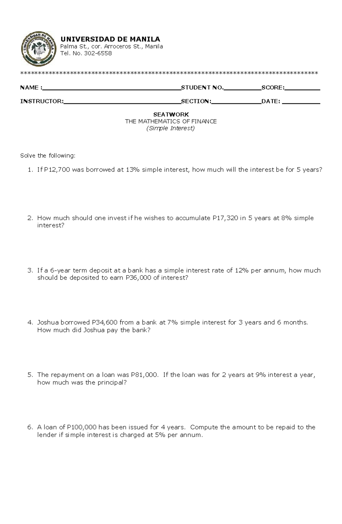 Activity 1 - Mathematics OF Finance ( Simple Interest) - UNIVERSIDAD DE ...