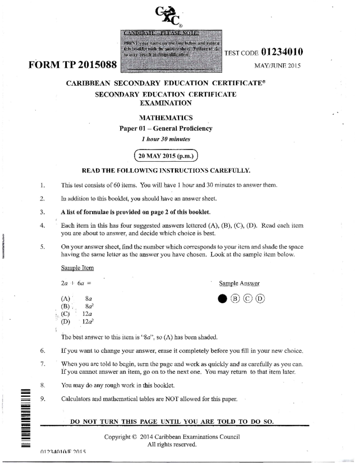 Maths June 2015 P1 - Past Paper - I TEST CODE 01234010 FORM TP 2015088 ...