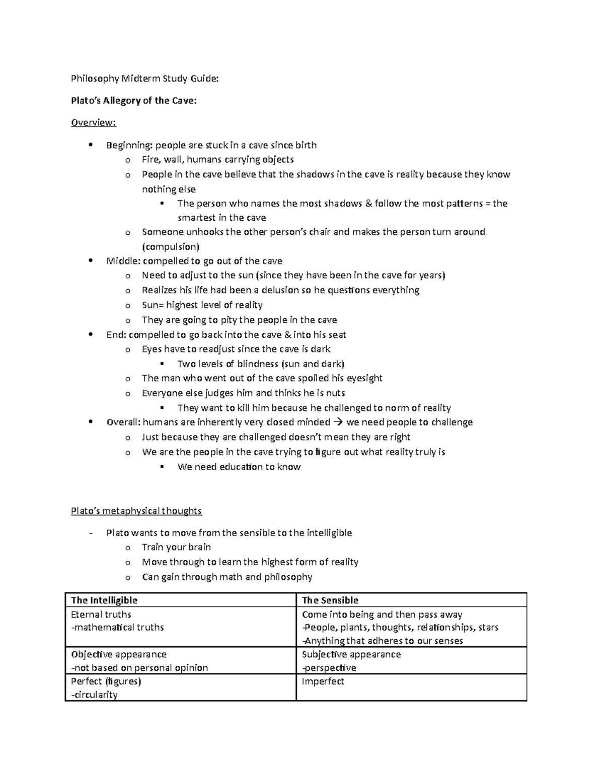 Midterm Study Guide - Philosophy Midterm Study Guide: Plato’s Allegory ...