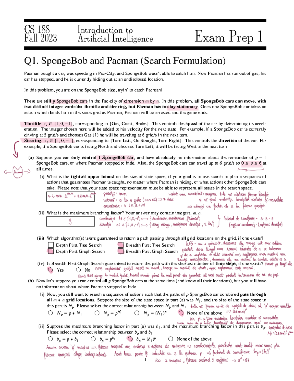 Disc01-examprep - CS 188 Fall 2023 Introduction to Artificial Intelligence Exam Prep 1 Q1 ...