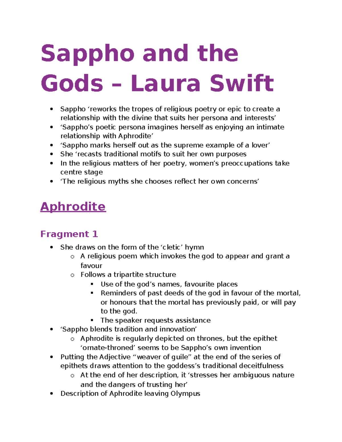Sappho and the Gods – Laura Swift Notes - Sappho and the Gods – Laura ...