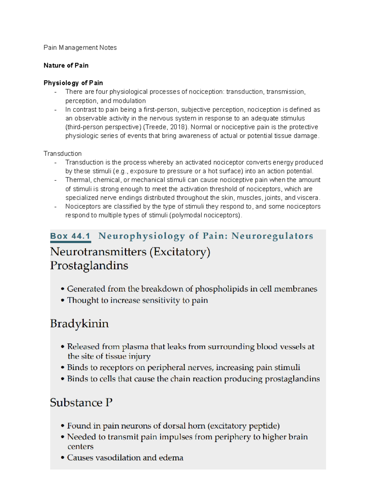 Pain Management Notes - Pain Management Notes Nature of Pain Physiology ...