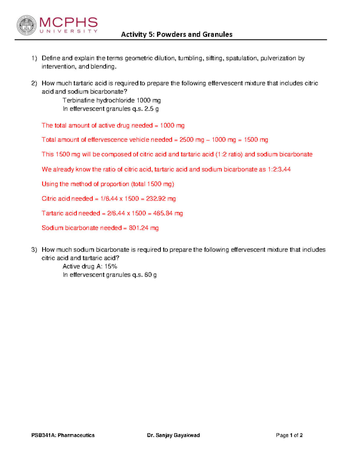 5 - Powders and Granules - Activity 5: Powders and Granules PSB341A ...