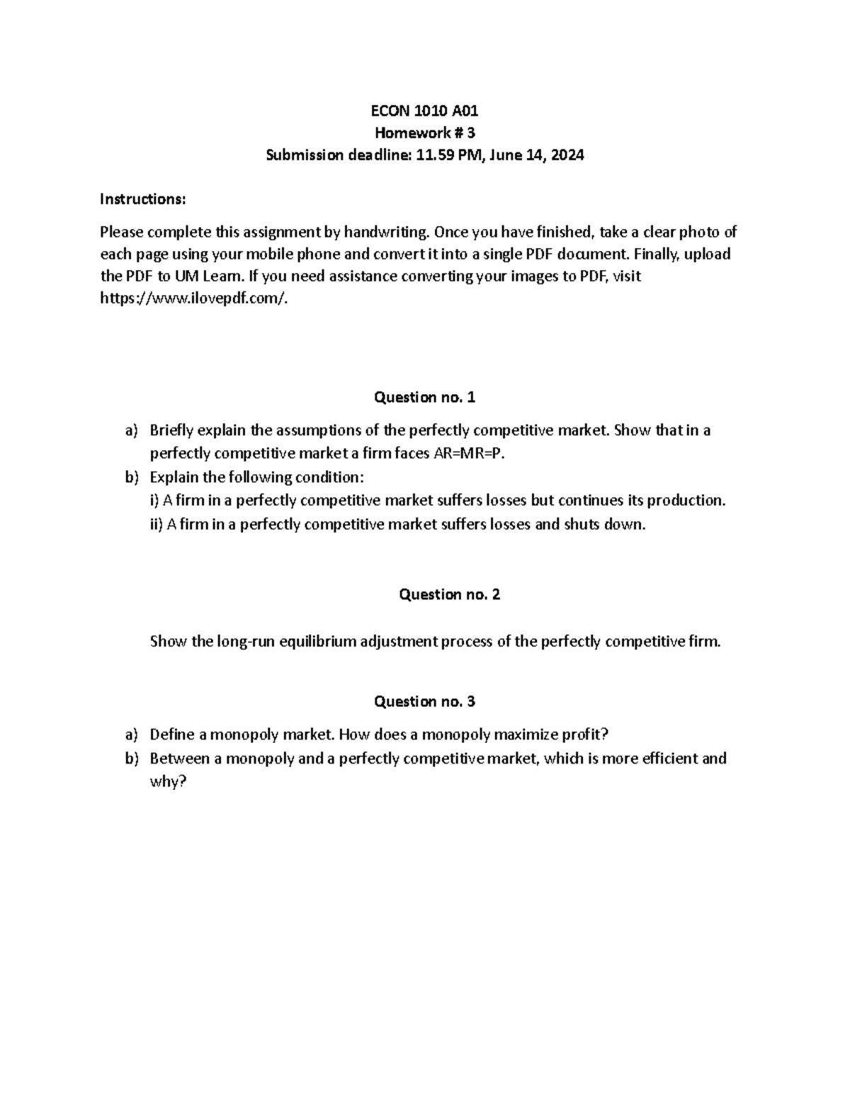 Homework 3 - ECON 1010 A Homework # 3 Submission deadline: 11 PM, June 14 , 2024 Instructions ...