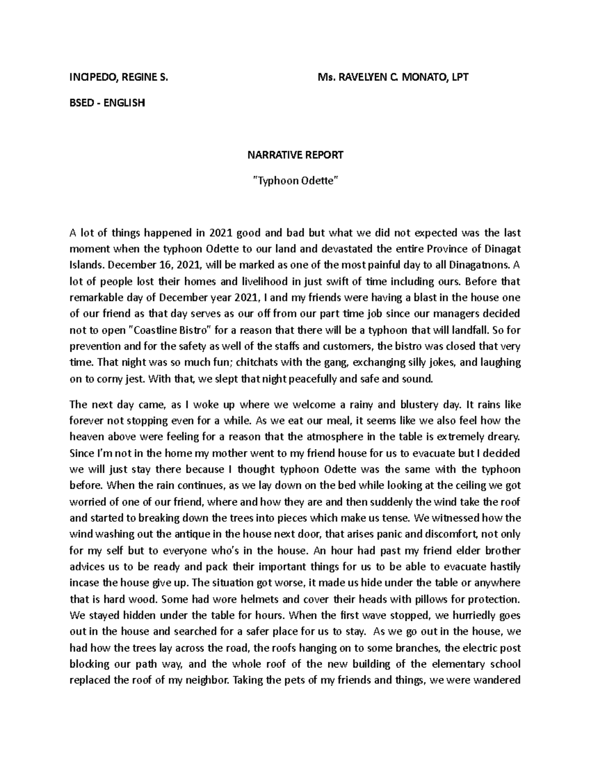 Narrative Report - Literature - INCIPEDO, REGINE S. Ms. RAVELYEN C ...