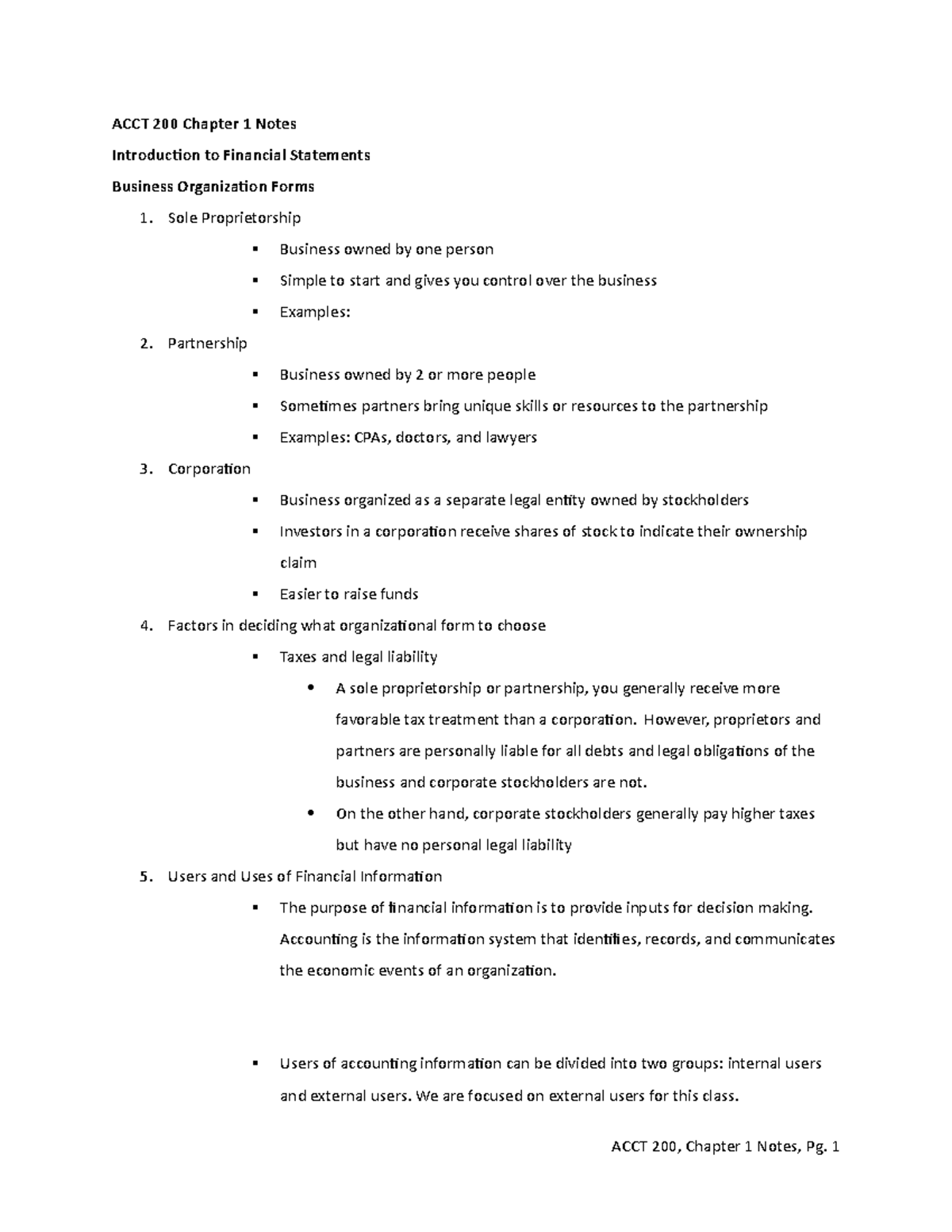 Acct 200 Class Notes Chapter 1 Student Acct 200 Chapter 1 Notes