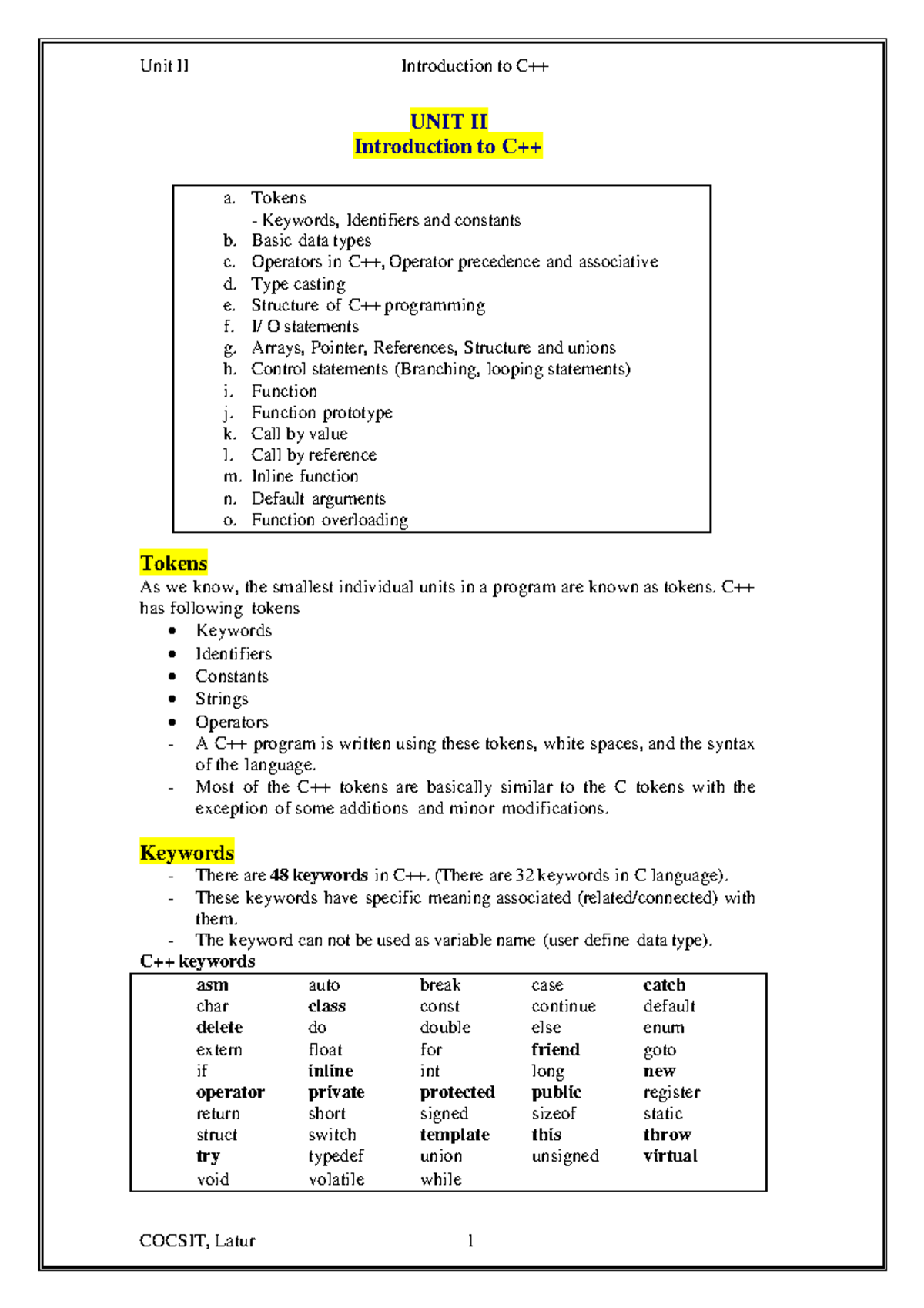 Unit Ii Introduction To C 2021 A Tokens Keywords Identifiers