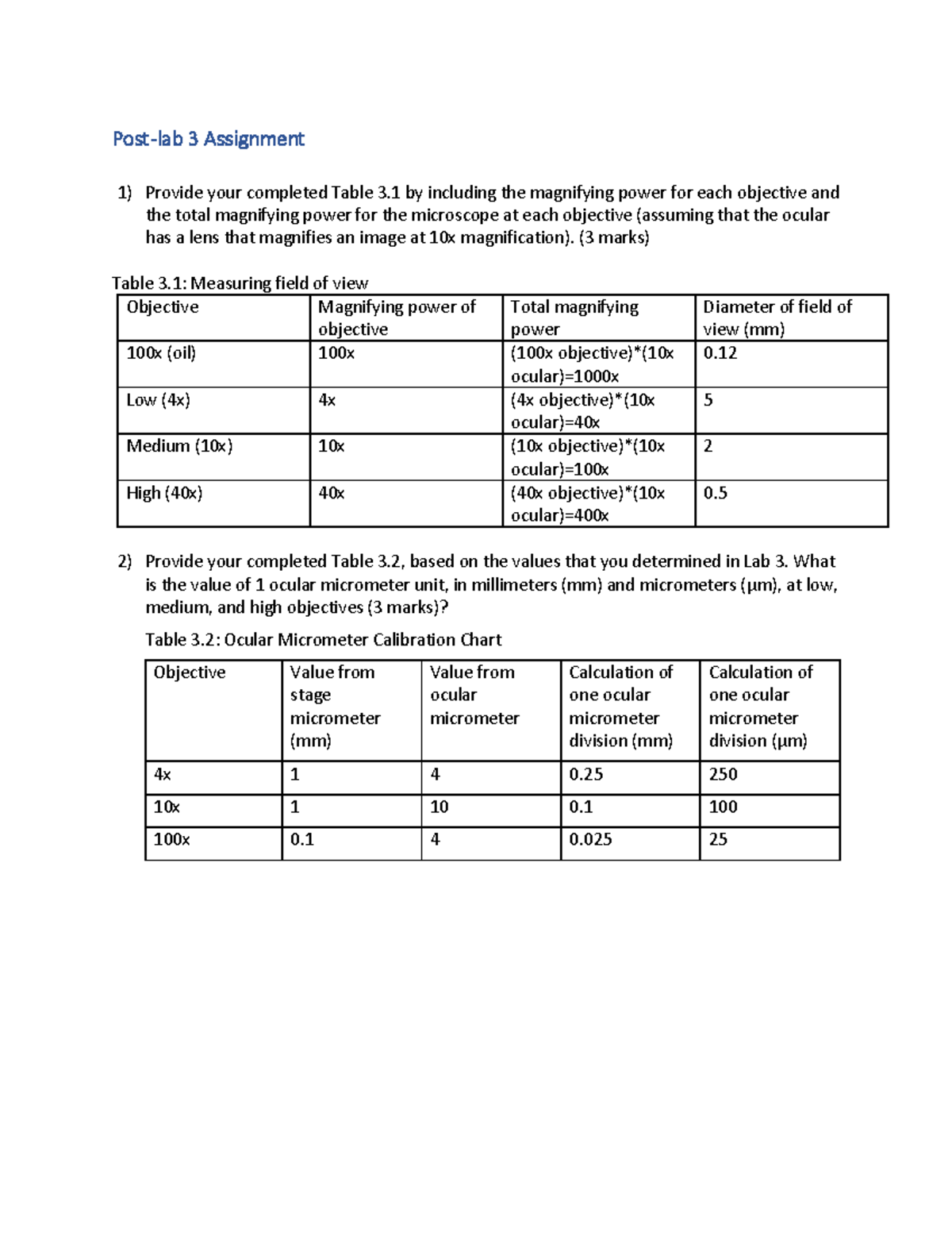 Biology post lab 3 - LAB - Post-lab 3 Assignment Provide your completed Table 3 by including the ...