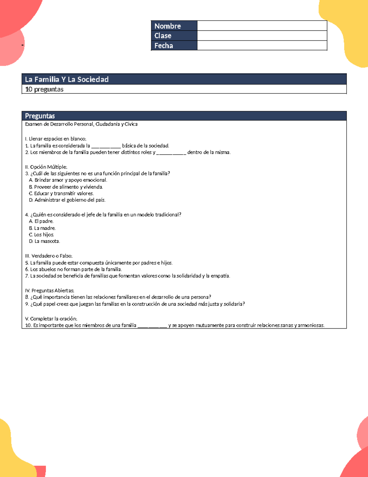Examen la familia y la sociedad - La Familia Y La Sociedad 10 preguntas ...