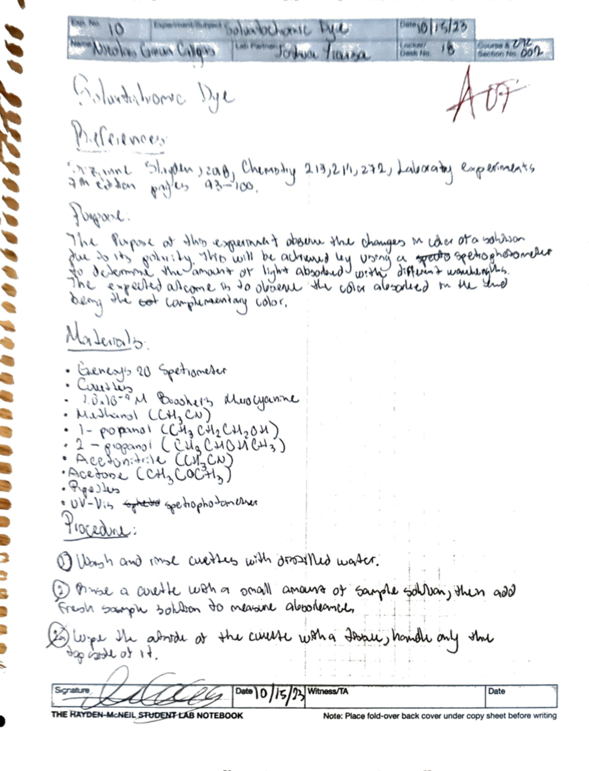 Solvatochromatic Dye Report - Table 1: Absorbance versus Wavelength ...