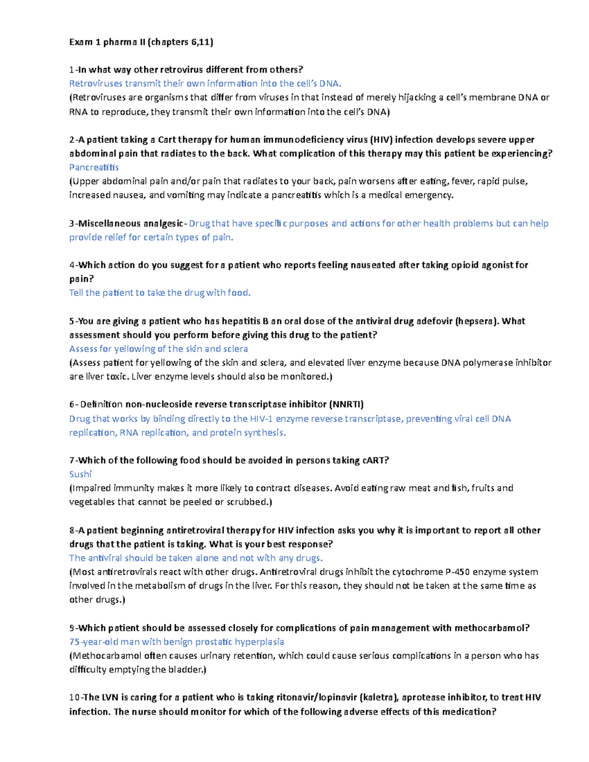 Ex1 pharma - study material - Exam 1 pharma II (chapters 6,11) 1- In ...