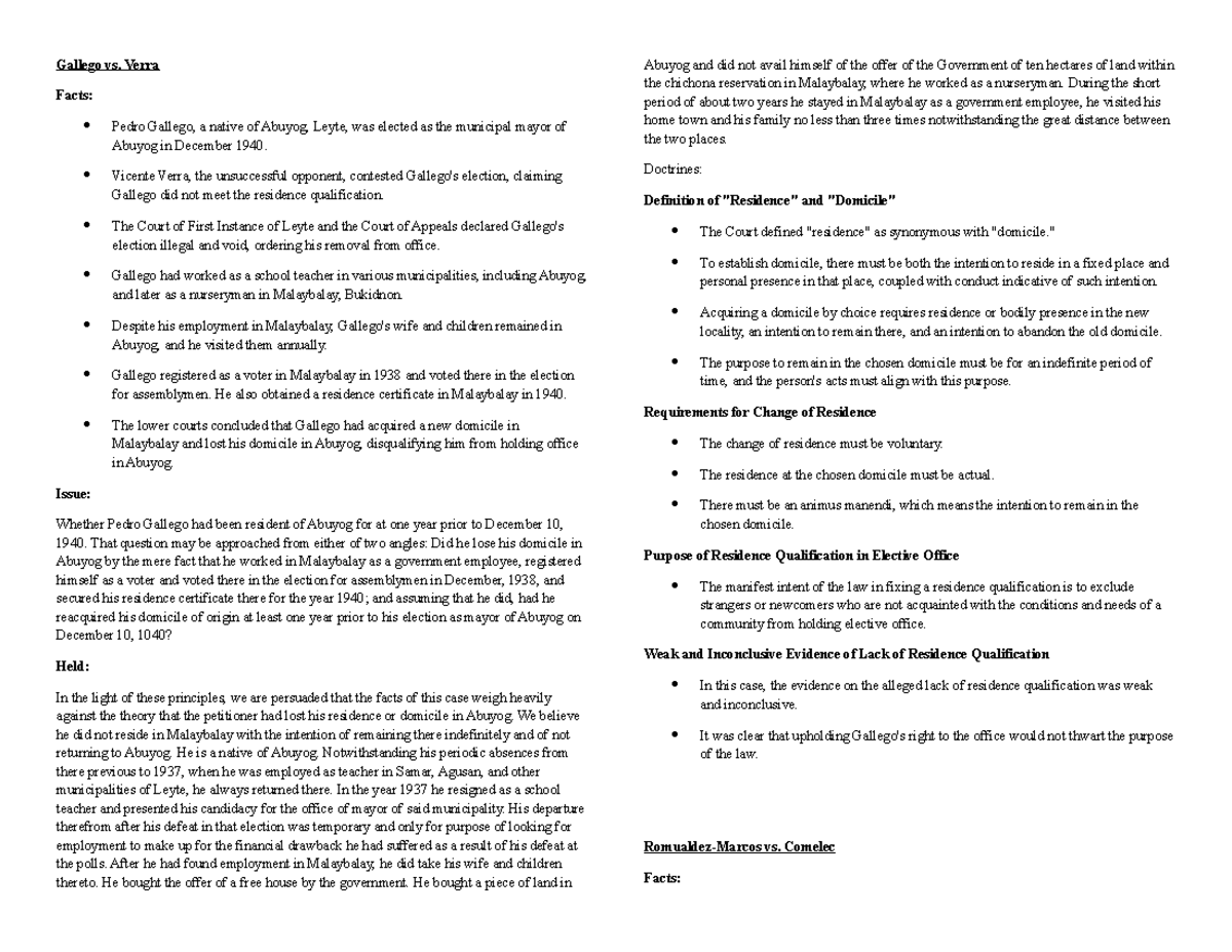 Consti Cases TOM - hkhi - Gallego vs. Verra Facts: Pedro Gallego, a ...