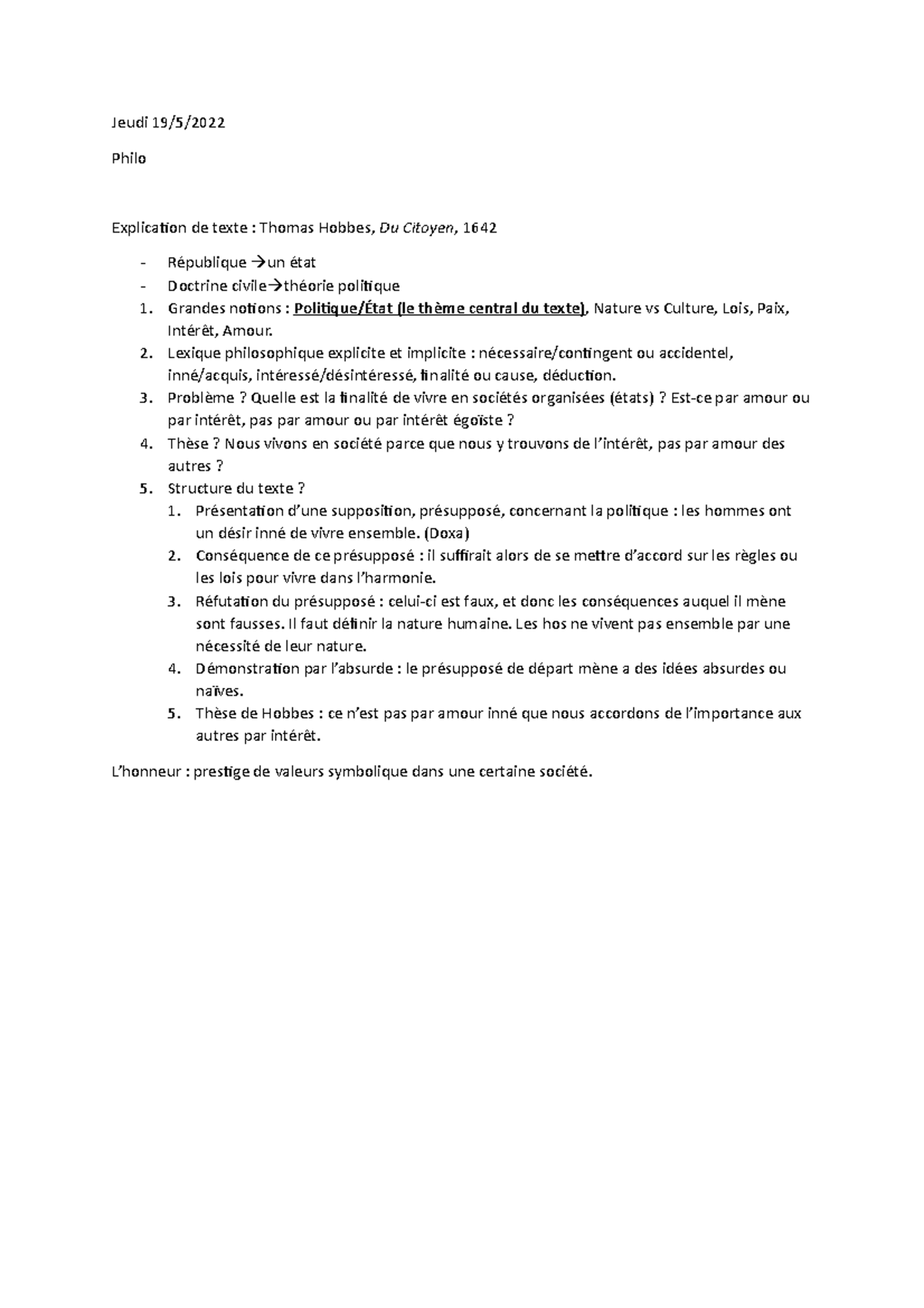 Jeudi 19 - philo terminale Bac - Jeudi 19/5/ Philo Explication de texte : Thomas Hobbes, Du ...