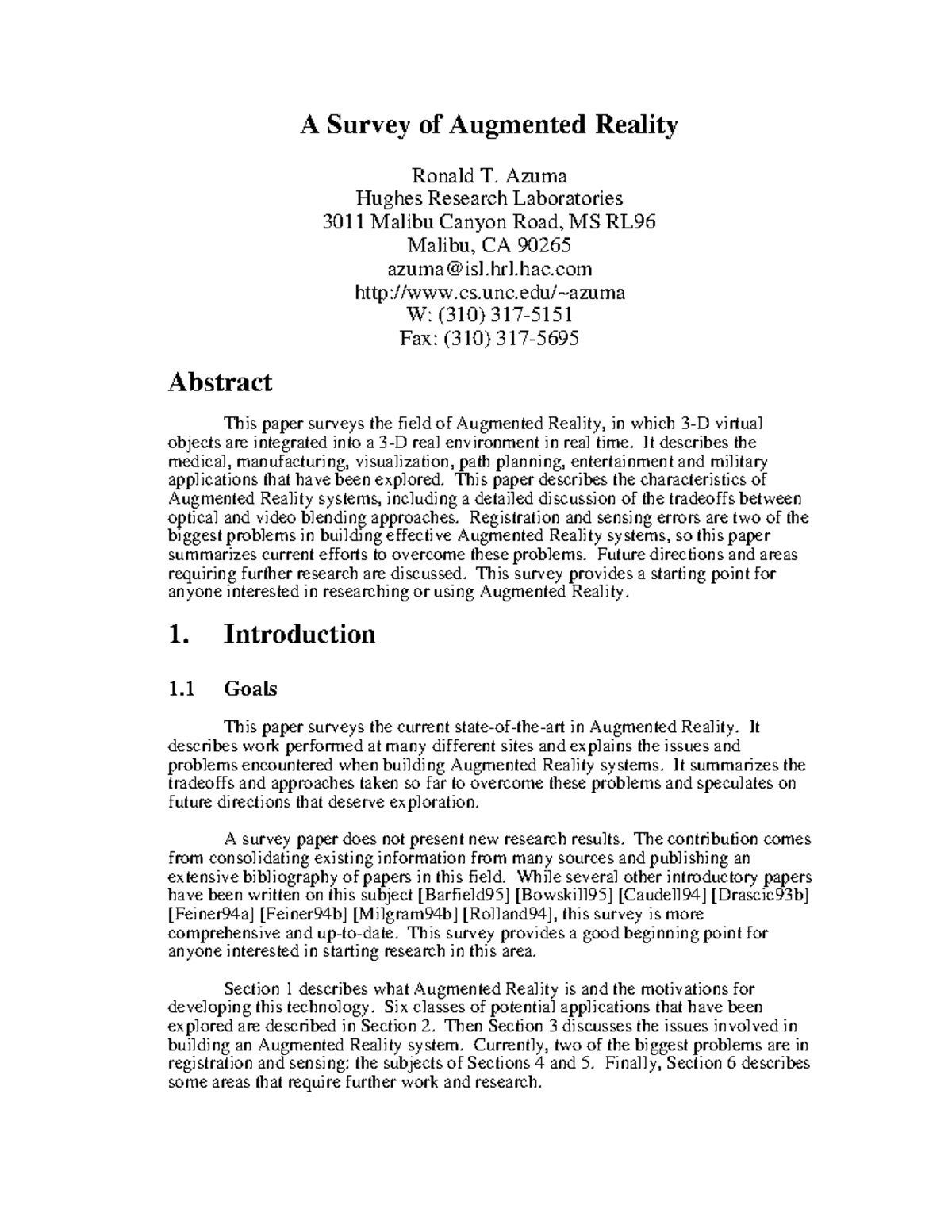 ARfinal - Explanation - A Survey of Augmented Reality Ronald T. Azuma ...