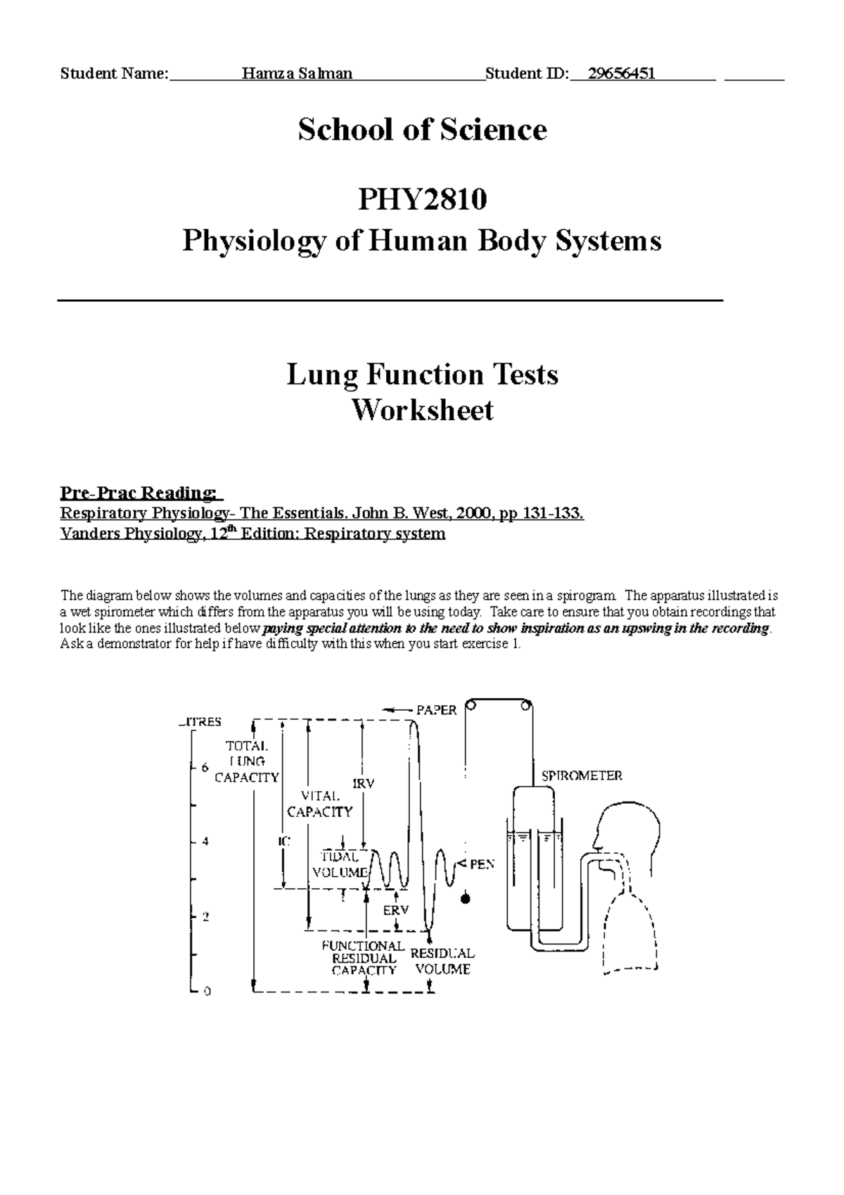 Lung Function Worksheet - Student Name: Hamza Salman Student ID ...