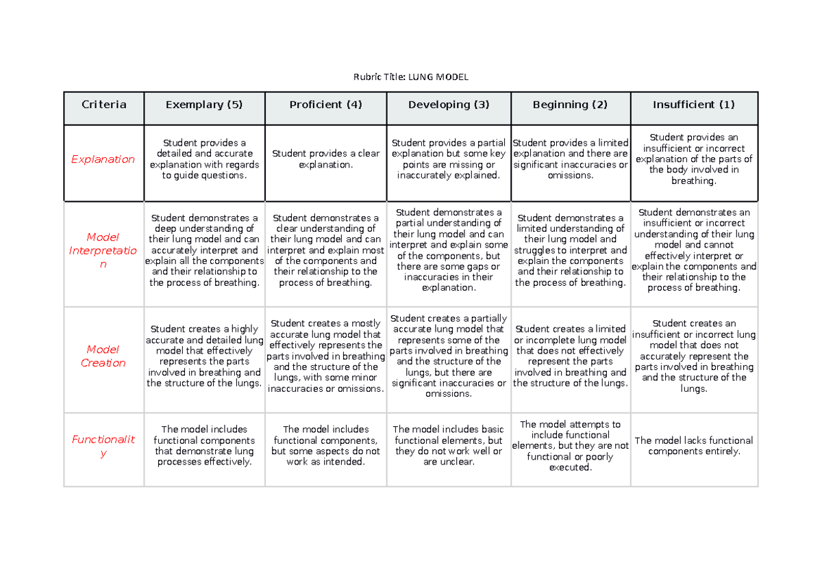Lung Model Rubric - ,,,,,, - Rubric Title: LUNG MODEL Criteria ...