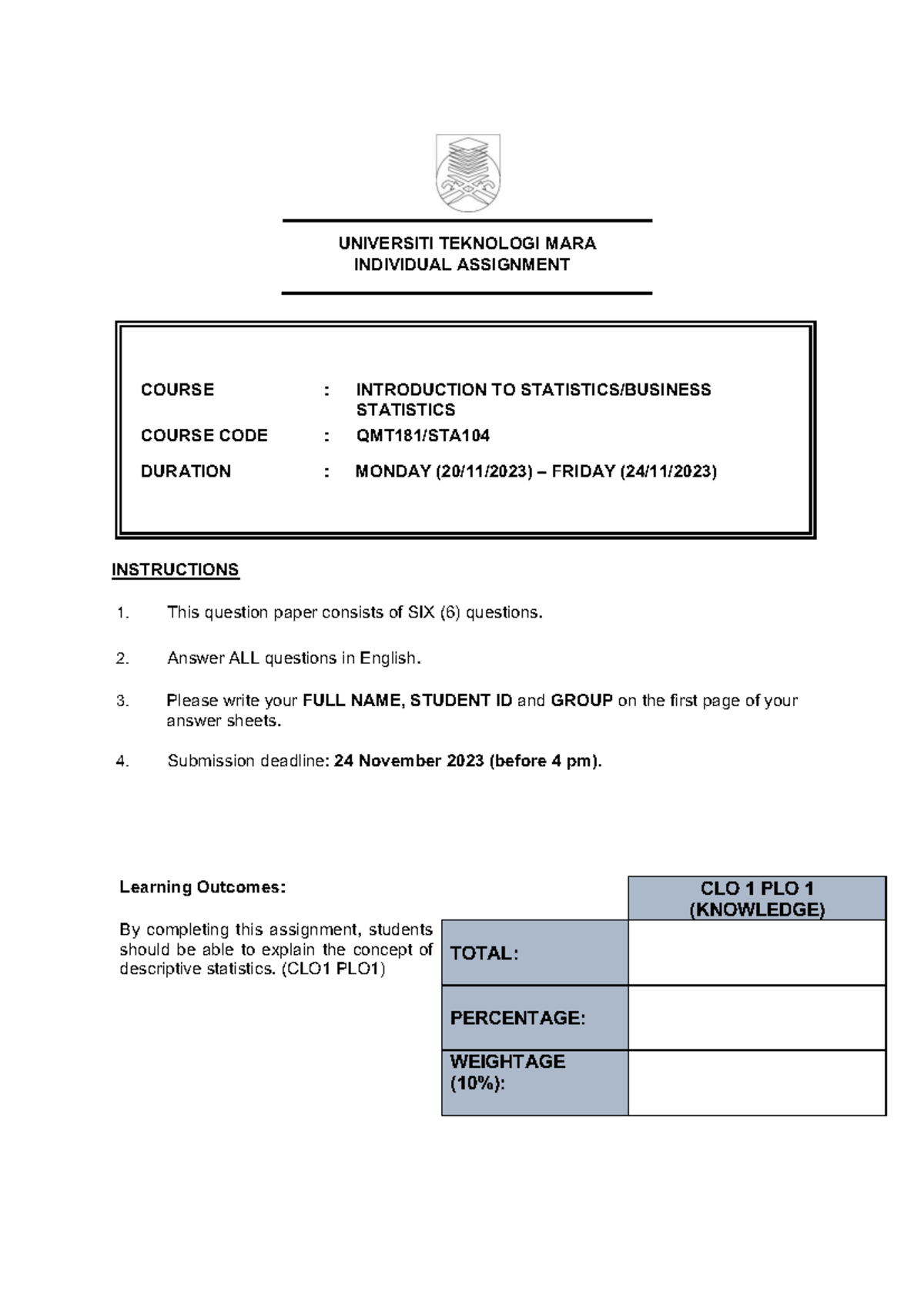 STA104 ( Question) Individual Assignment October 2023- February 2024 - UNIVERSITI TEKNOLOGI MARA ...