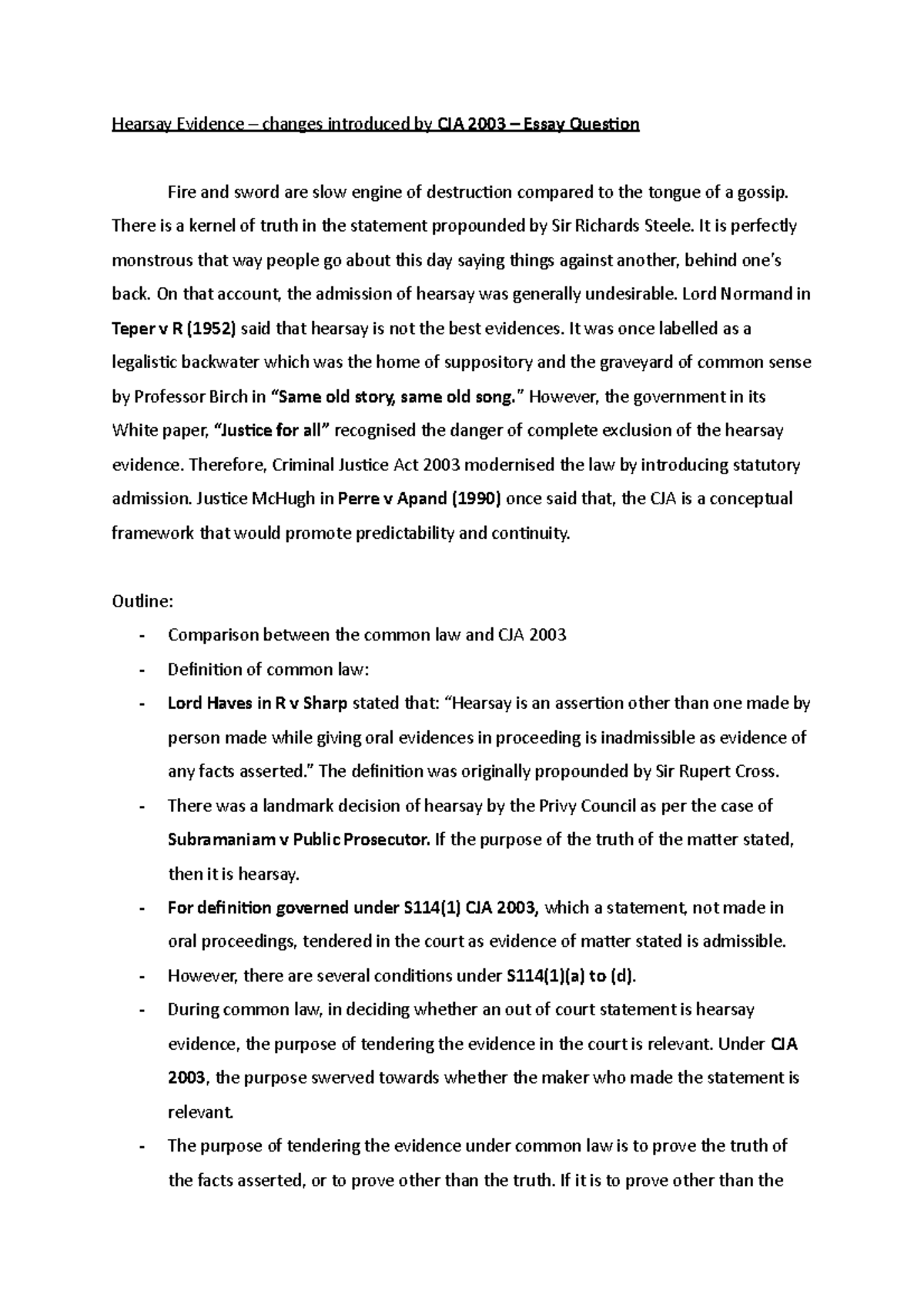 Revision on Topic: Hearsay Evidence (Evidence Law) - Hearsay Evidence ...