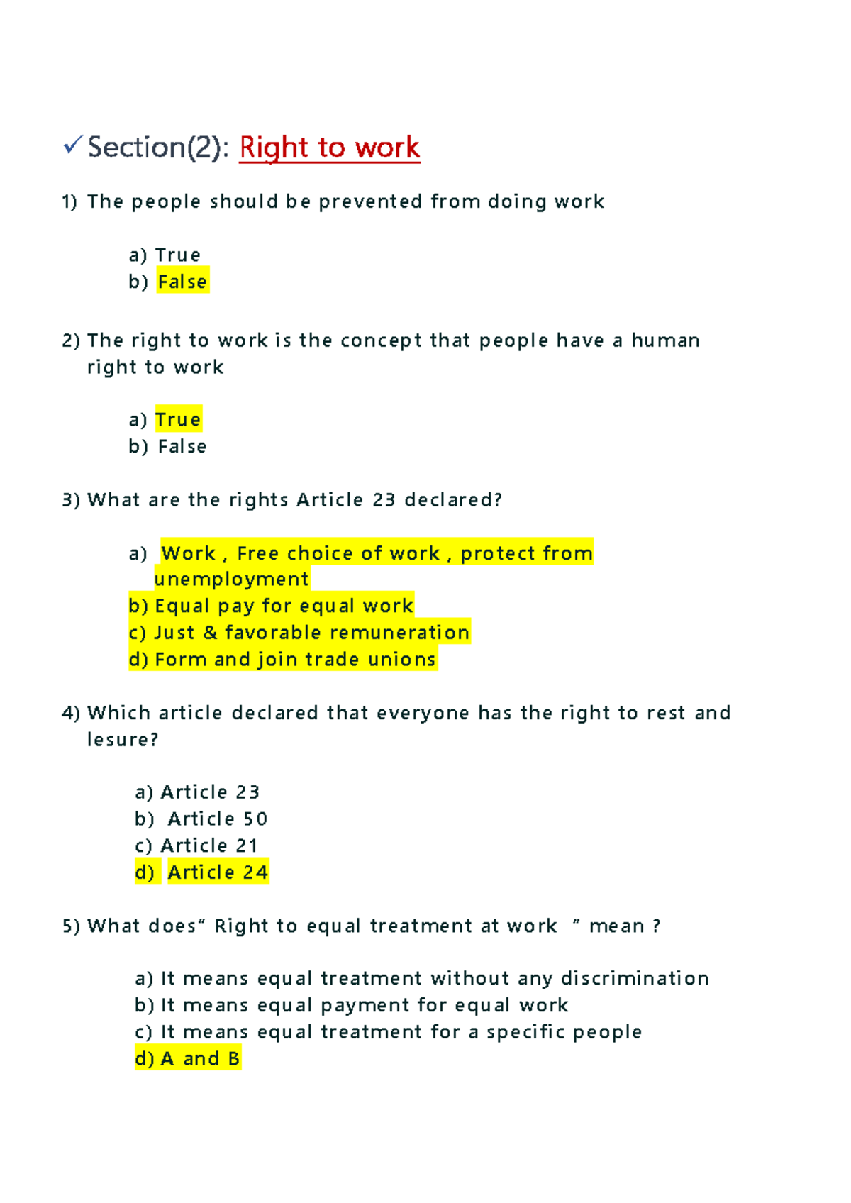 Section 2 Answers - Section(2): Right to work 1) The people should be ...