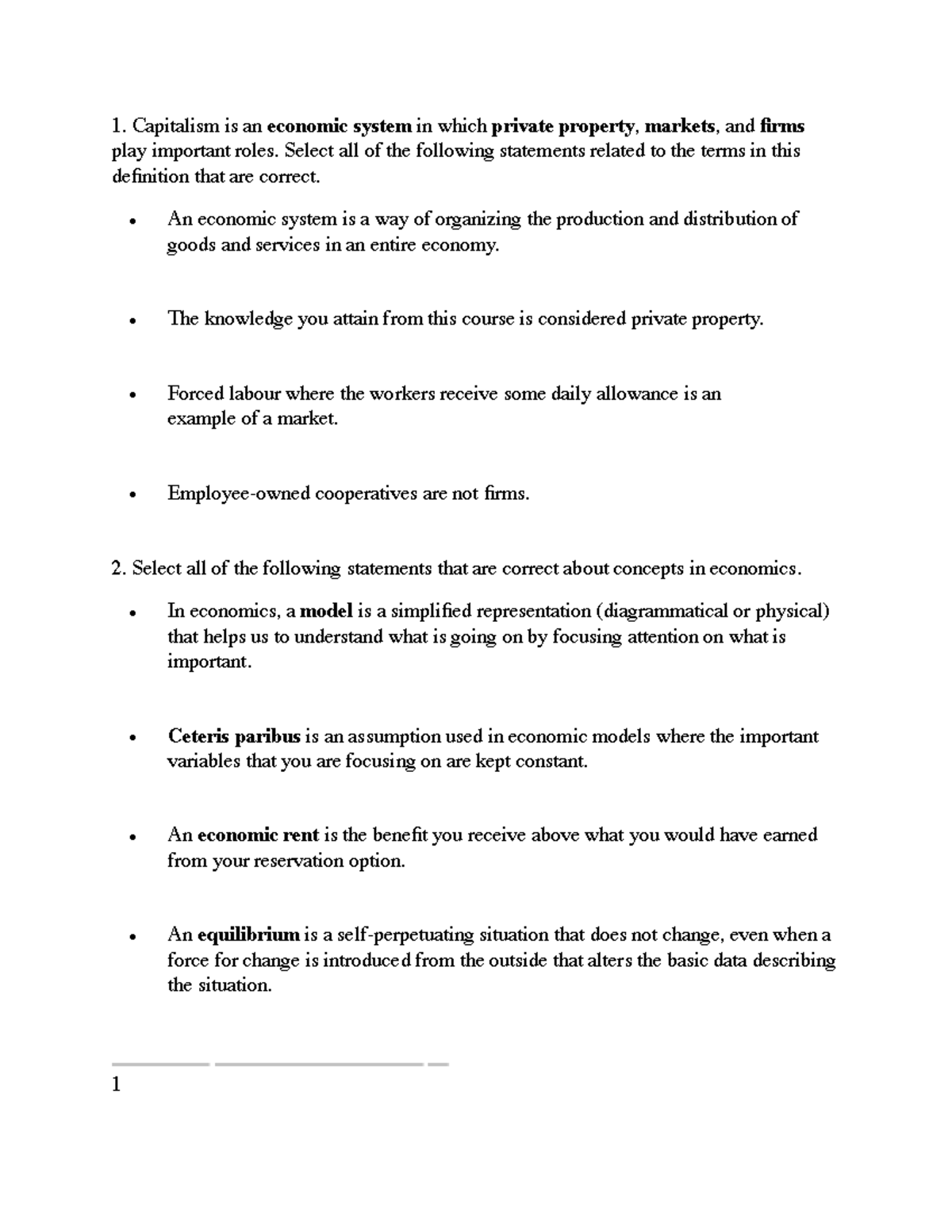 Sample/practice exam 2018, questions - Capitalism is an economic system ...