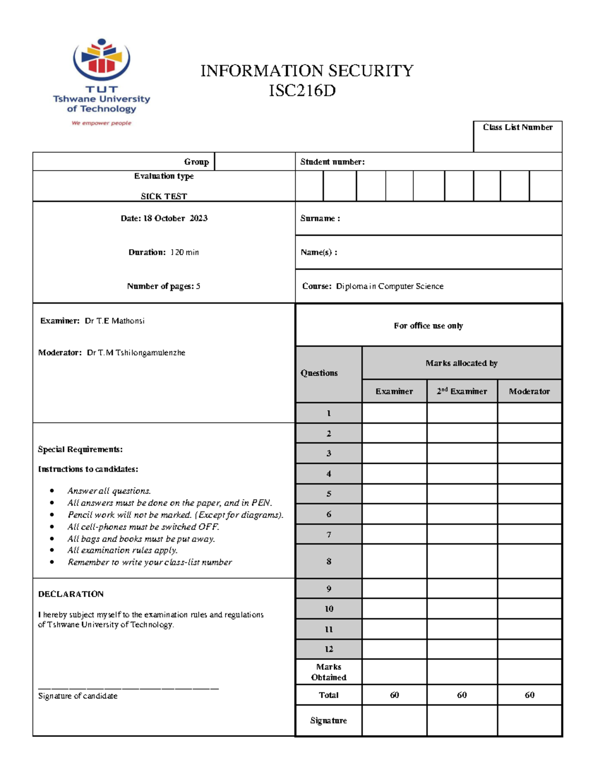 Sick Test ISC216D Sem Test 1 2023 S1 QP - INFORMATION SECURITY ISC216D ...