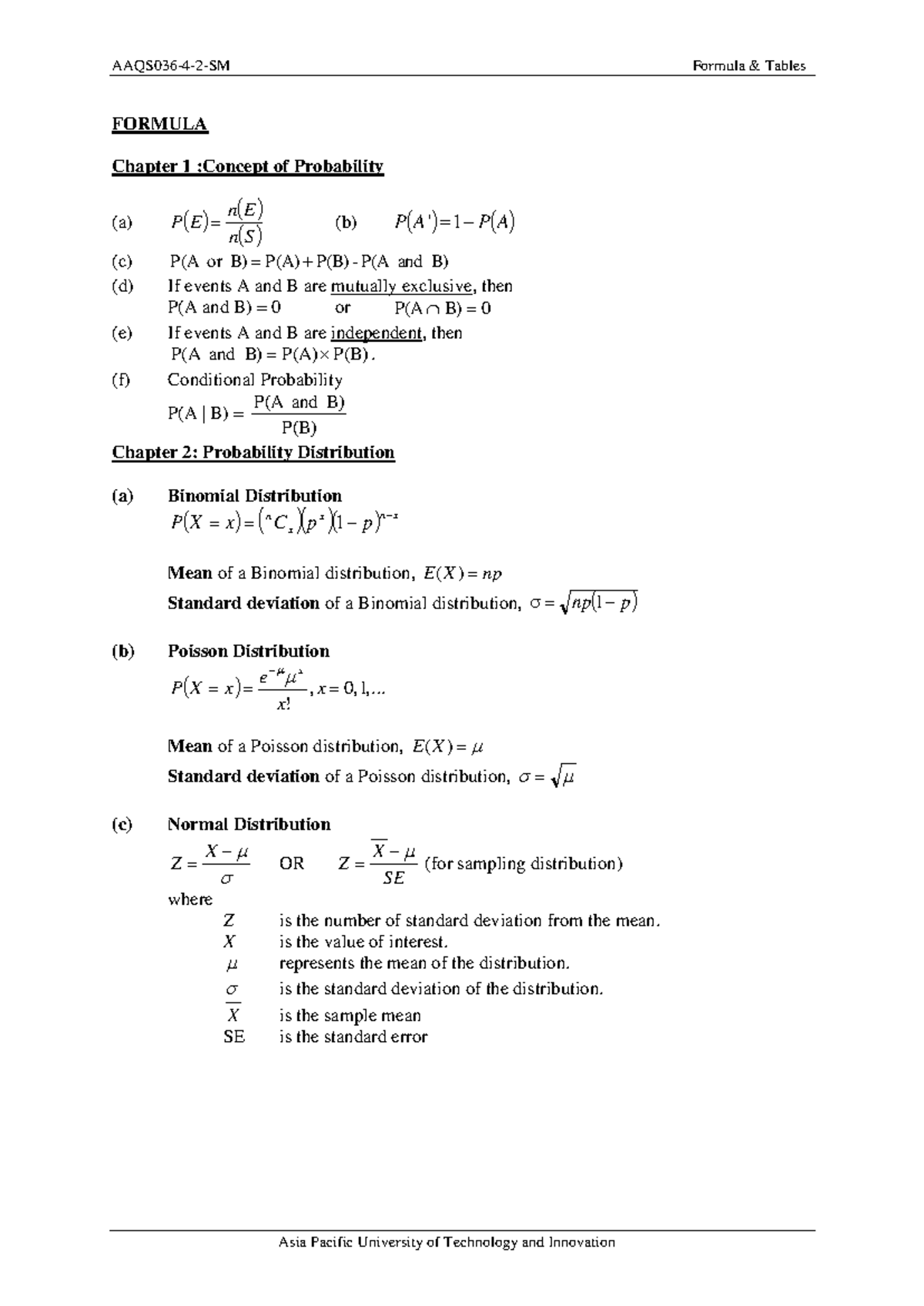Formulae table - FORMULA Chapter 1 :Concept of Probability (a ...