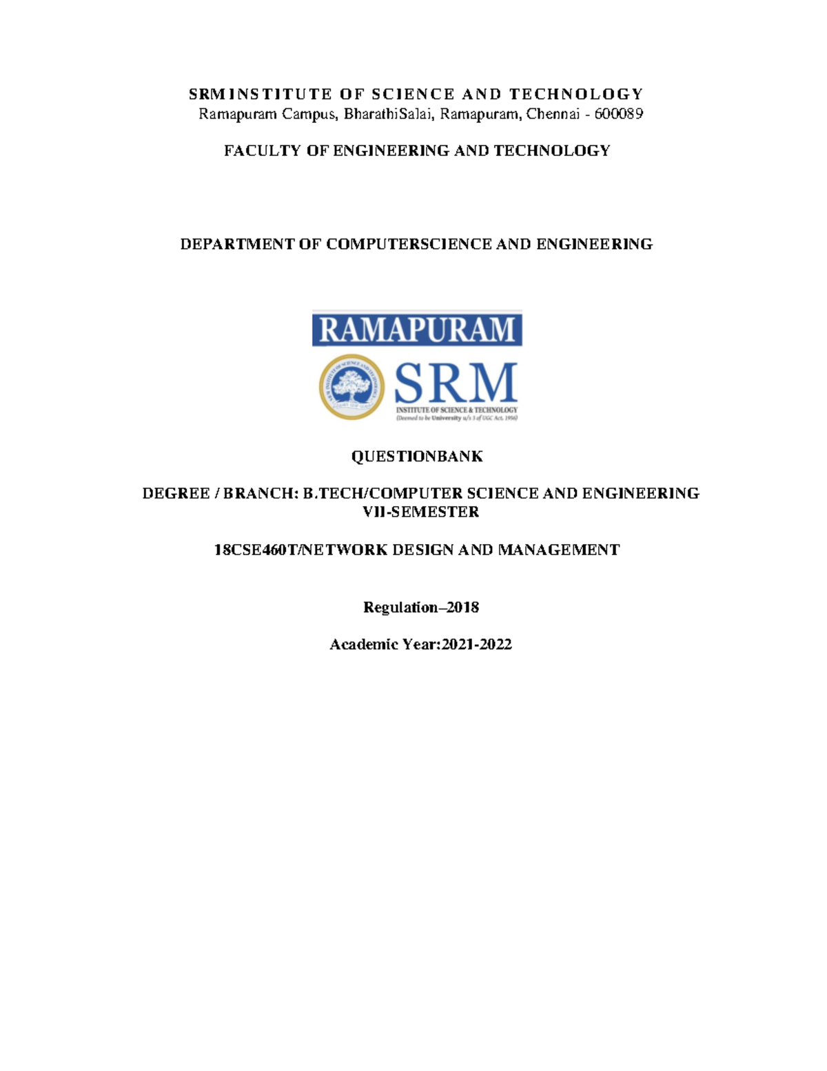 18CSE460T NDM Question Bank - SRM I N S T I T U T E O F S C I E N C E A N D T E C H N O L O G Y ...