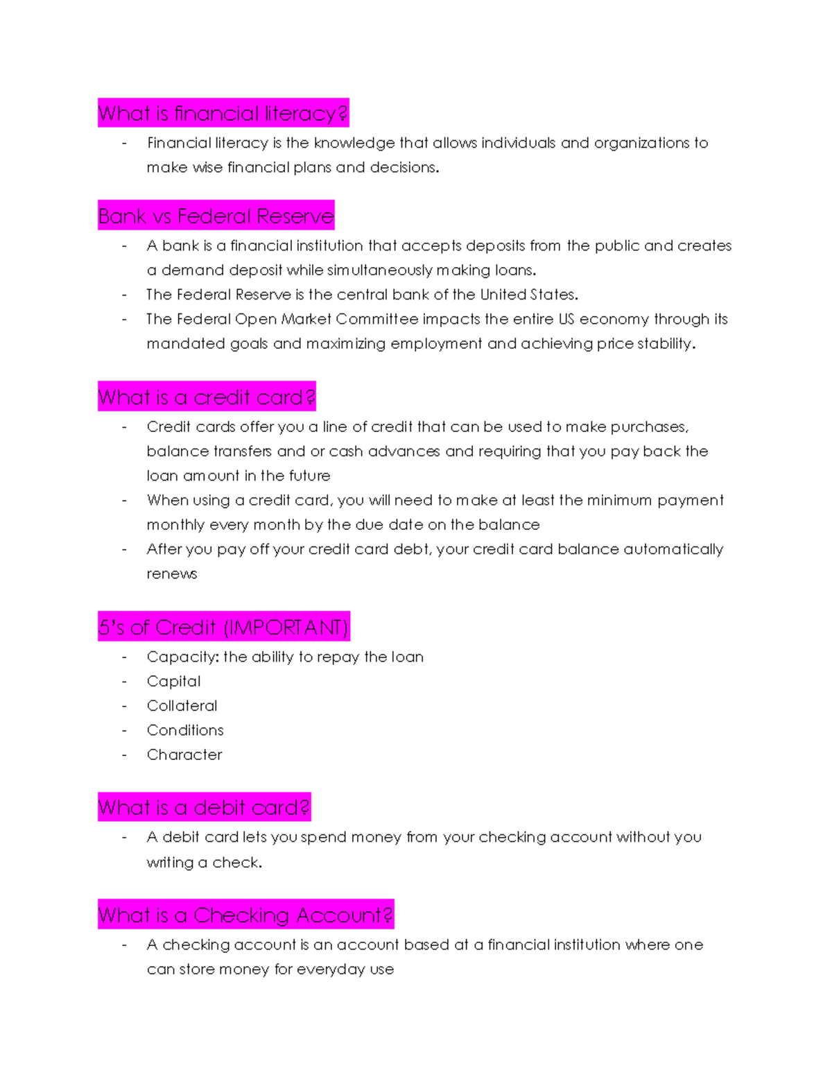 Financial Literacy Notes - What is financial literacy? Financial ...