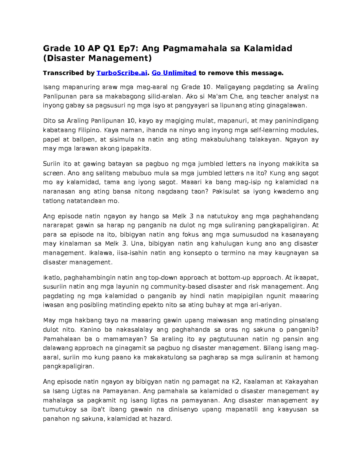 Grade 10 AP Q1 Ep7 Ang Pagmamahala sa Kalamidad (Disaster Management ...