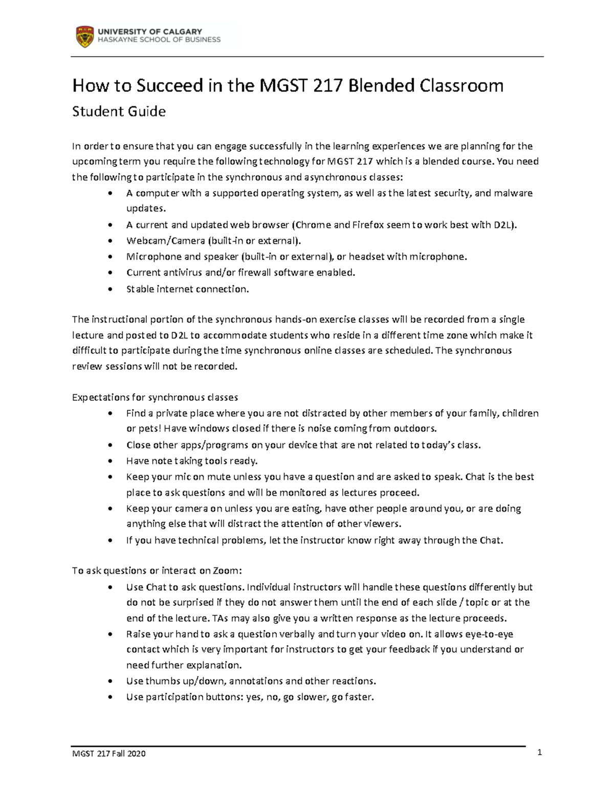 How to Succeed in MGST 217 - MGST 217 Fall 2020 1 How to Succeed in the ...