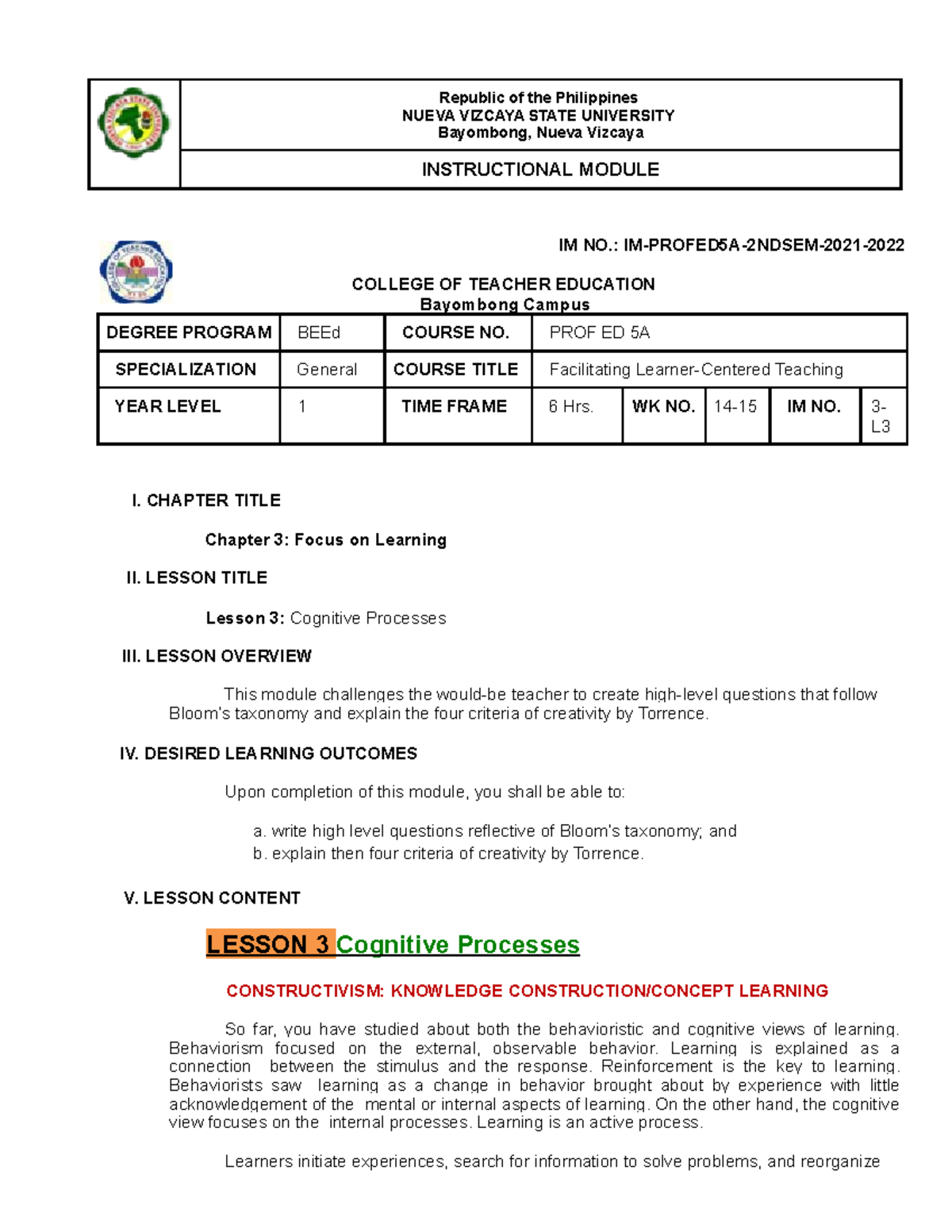 21-2 Module 3 - PART III- PROF ED 5A - Republic of the Philippines ...