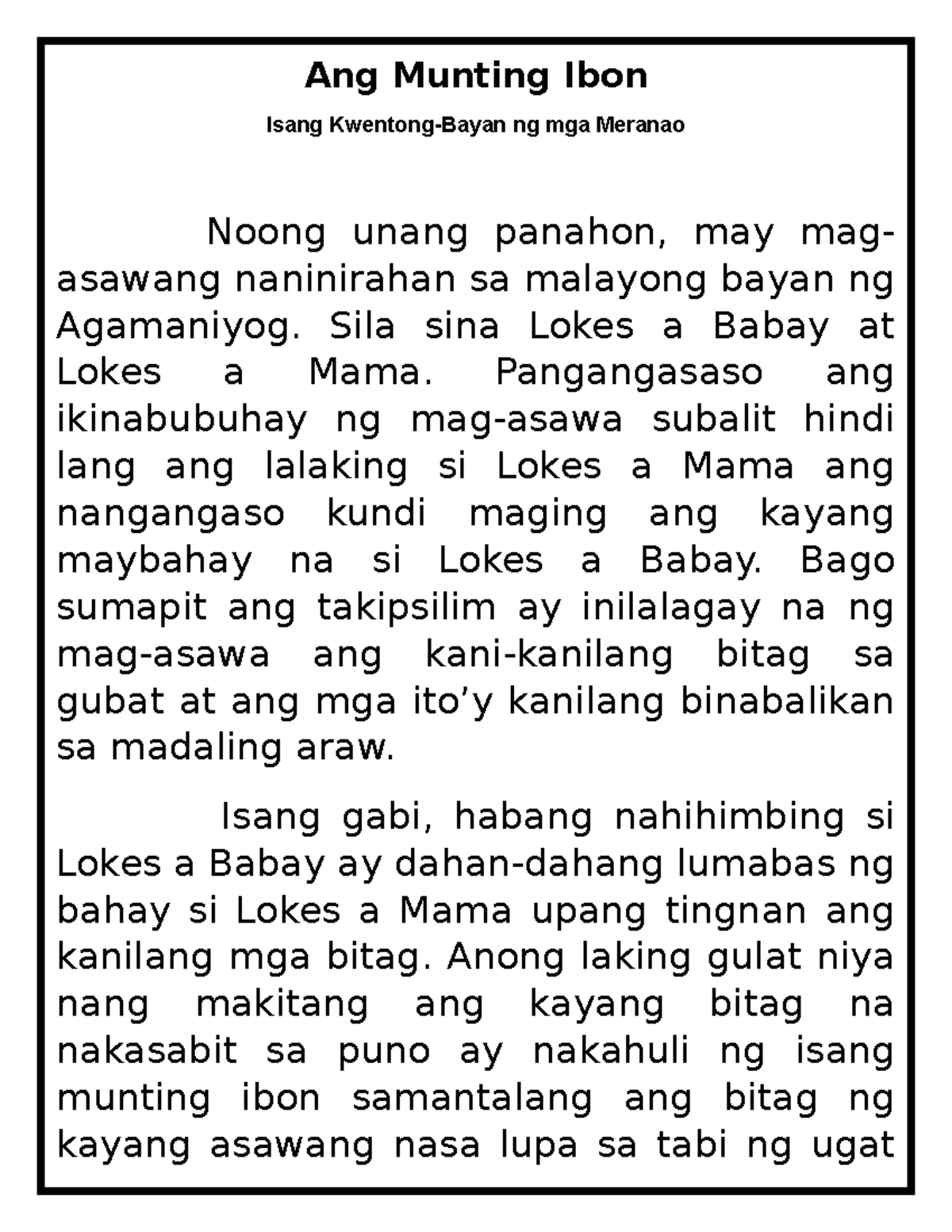 Ang Munting Ibon - Halimbawa ng tekstong babasahin sa Kwentong Bayan - Ang Munting Ibon Isang ...