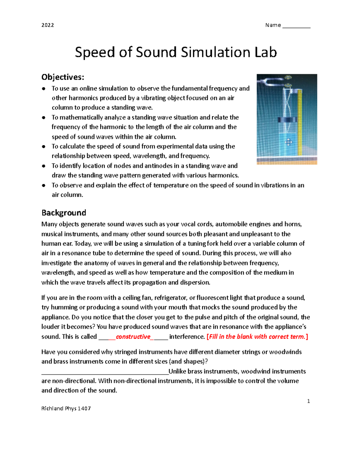 Lab 1-Speed of Sound in a Resonance Column - Speed of Sound Simulation ...