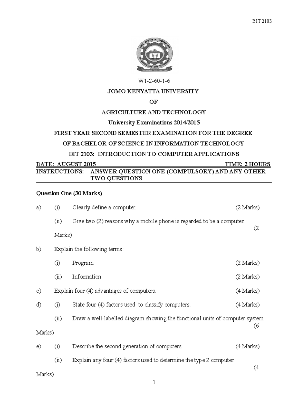 Bit 2103 Introduction To Computer Applications Bit 2103 W1 2 60 1 Jomo Kenyatta University Of