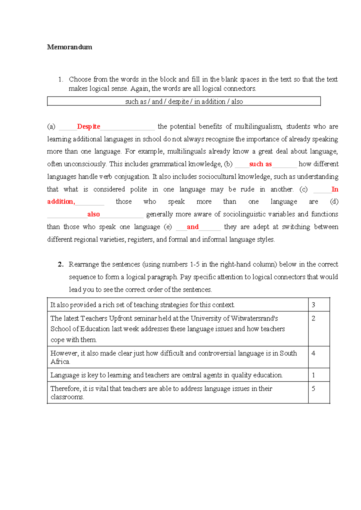 Memo Class assessment - Memorandum 1. Choose from the words in the ...