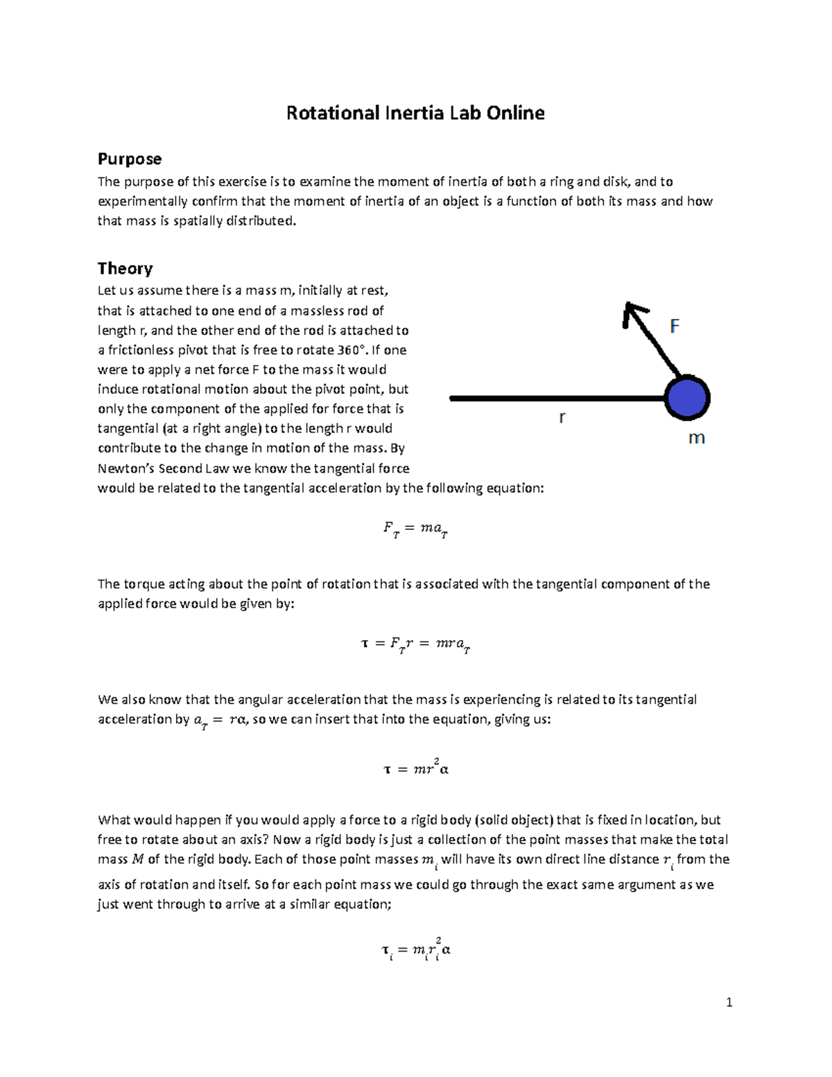 Fall2023 Moment of Inertia Lab - Rotational Inertia Lab Online Purpose ####### The purpose of ...