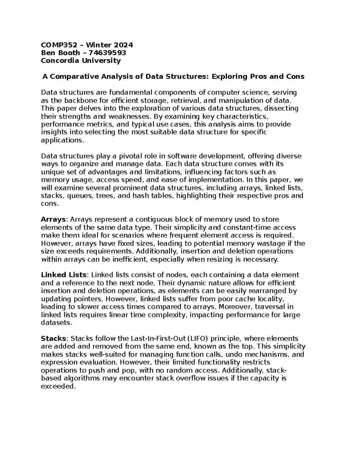 COMP352 analysis - An essay on the different data structures - COMP352 – Winter 2024 Ben Booth ...