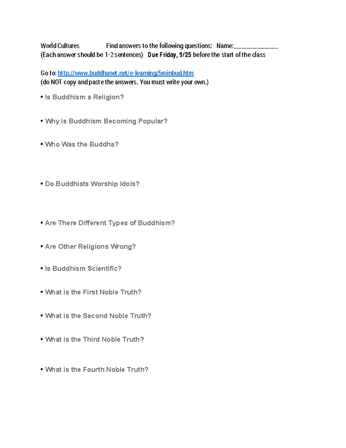 Buddhism worksheet - World Cultures Find answers to the following ...