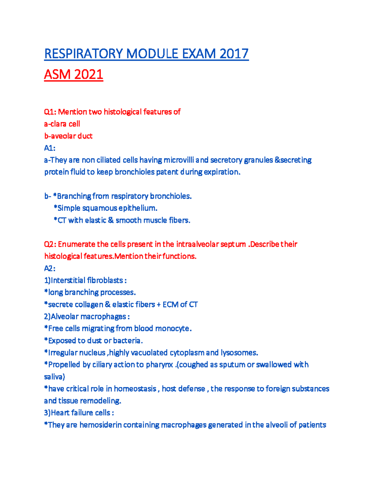 Resp - physiology pathology - RESPIRATORY MODULE EXAM 2017 ASM 2021 Q 1 ...