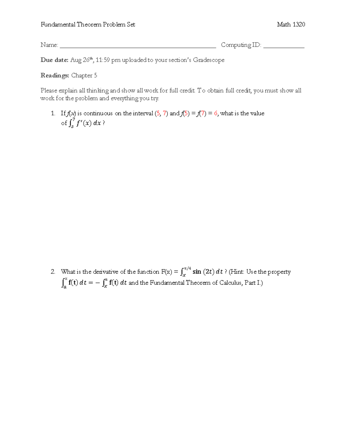 Fundamental Theorem of Calculus Assignment - Fundamental Theorem Problem Set Math 1320 Name ...